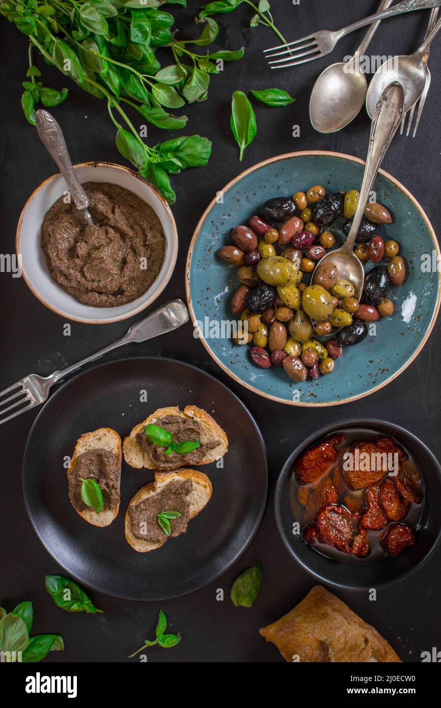 Tapenade and assorted provence snacks Stock Photo - Alamy
