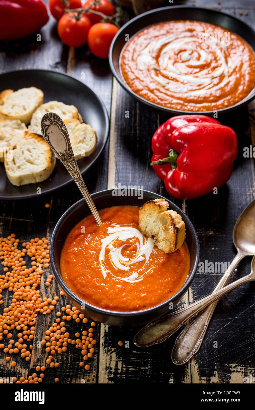 Pumpkin soup with heavy cream Stock Photo - Alamy
