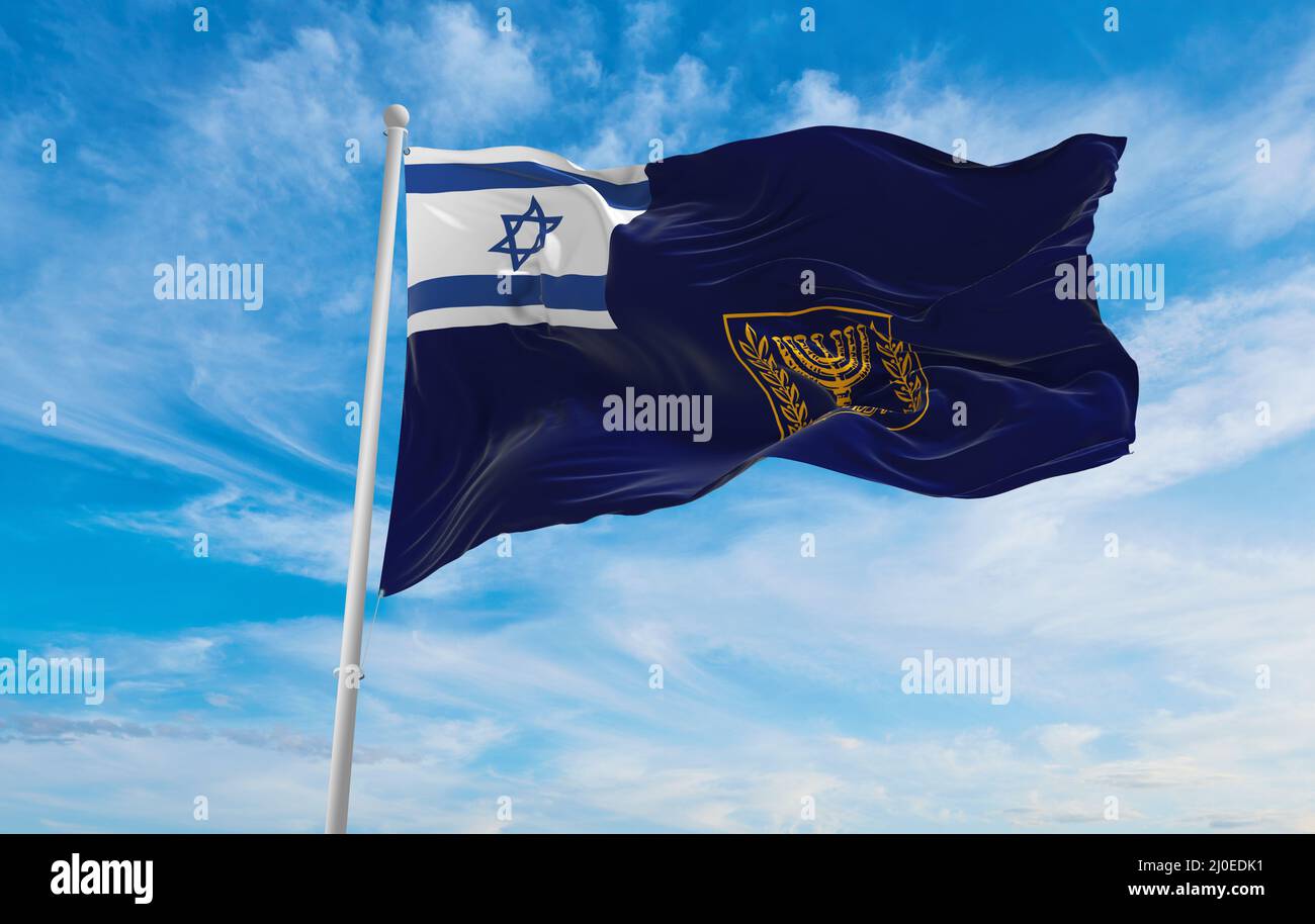 flag of Prime Minister at Sea , Israel at cloudy sky background on ...