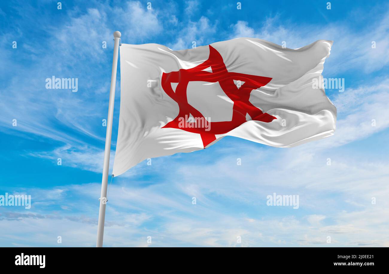 flag of Red Star of David , Israel at cloudy sky background on sunset ...