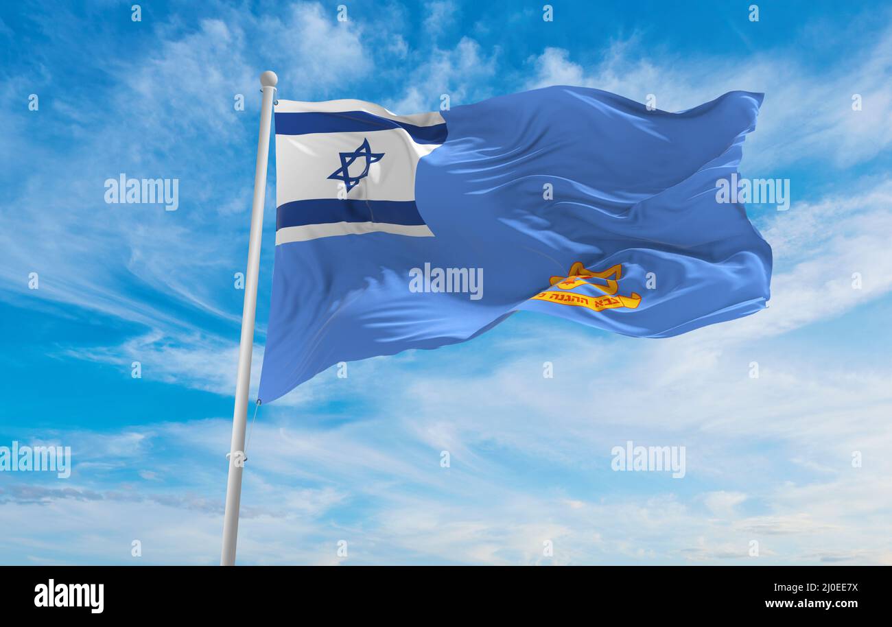 flag of the Defense Forces , Israel at cloudy sky background on sunset ...