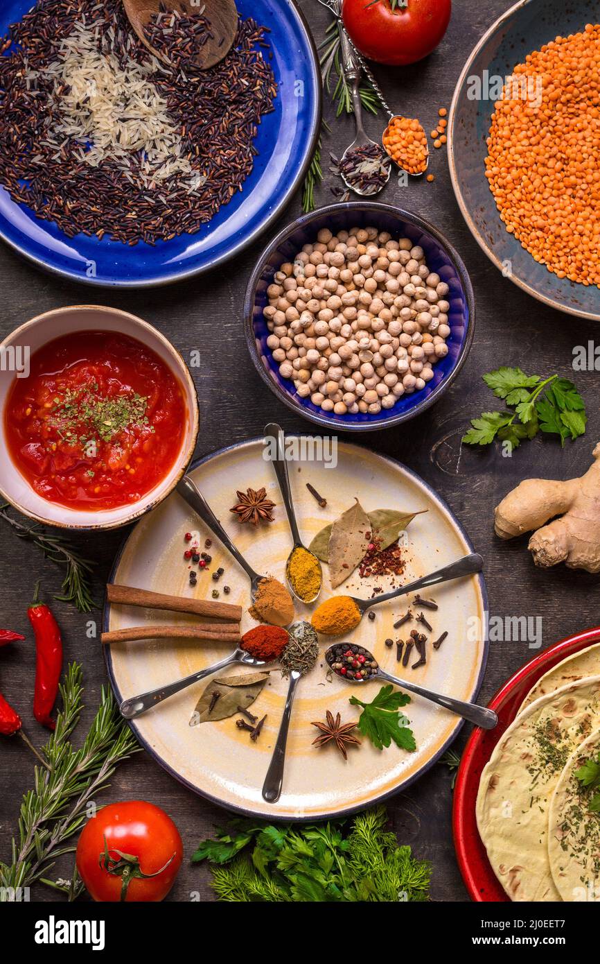 Spices, grains and beans Stock Photo - Alamy