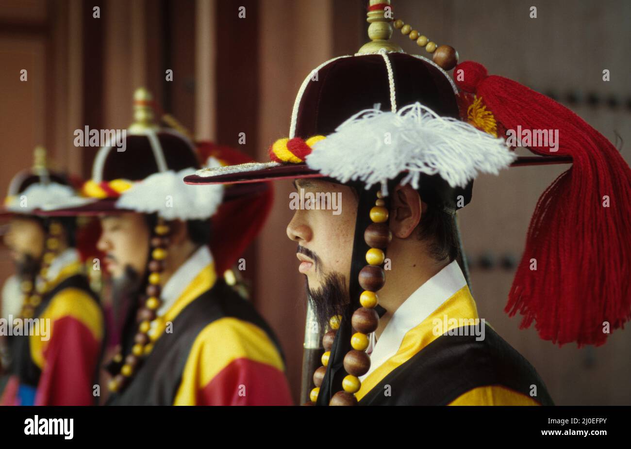 Actors in costumes of guardsmen during the ceremonial of the changing ...
