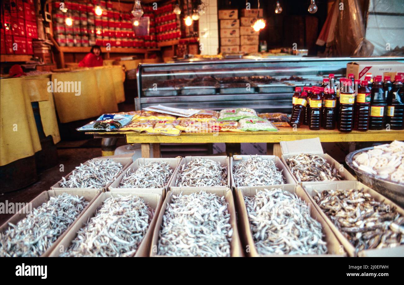 Market stall offering dried fish and seafood in Seoul, South Korea ...