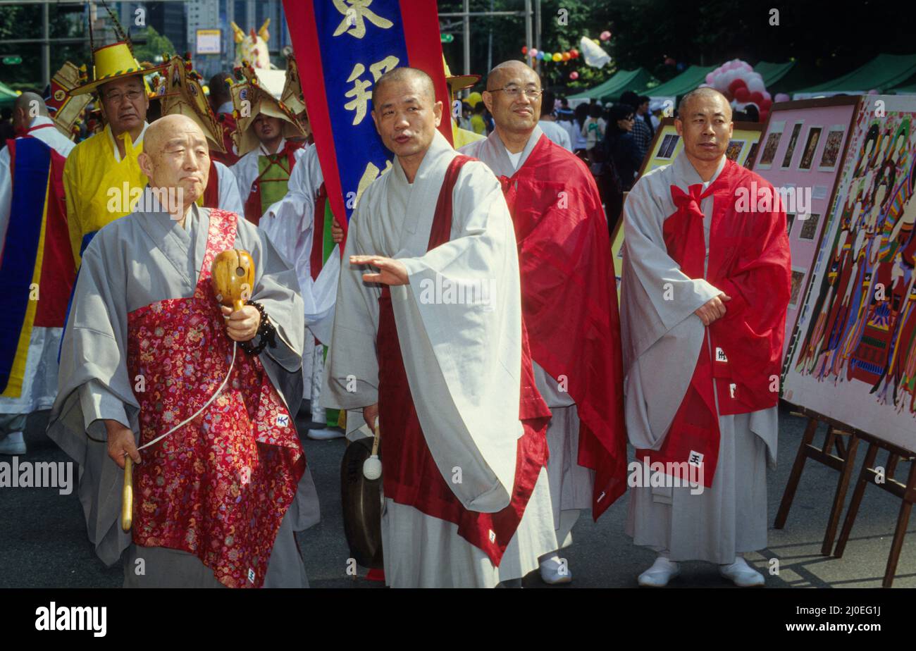 Korean monks in traditional festive attire of their order during the ...
