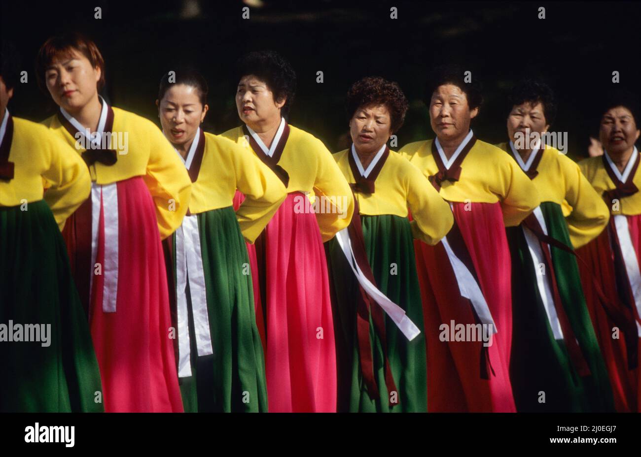 Women in traditional Hanbok dress performing a folk-dance at Damyang ...