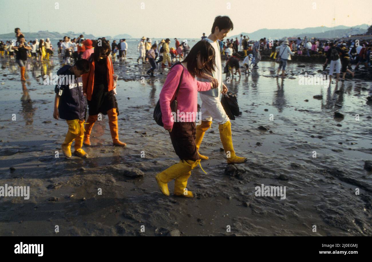 Thousands of visitors cross the sea between Jindo island and a small ...