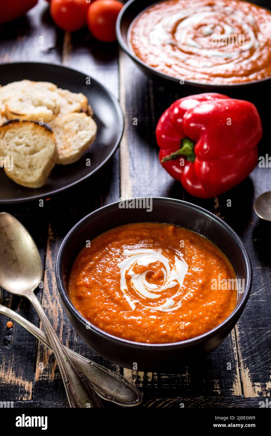 Pumpkin soup with heavy cream Stock Photo - Alamy