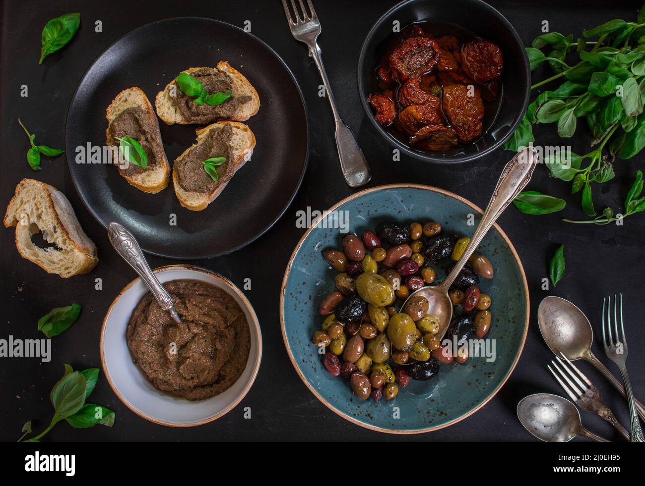 Tapenade and assorted provence snacks Stock Photo - Alamy