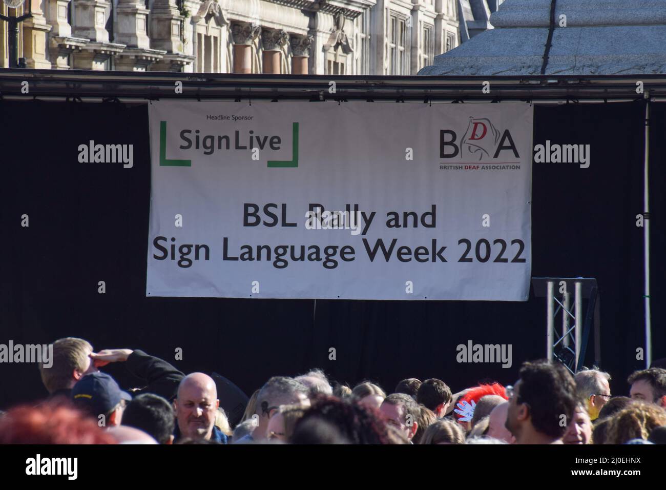 London, UK, 18th March 2022. Thousands of people gathered in Trafalgar ...