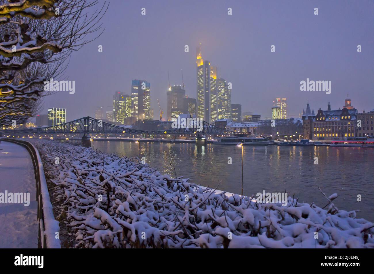 River night view in Frankfurt, Snowy Night, Germany Stock Photo - Alamy