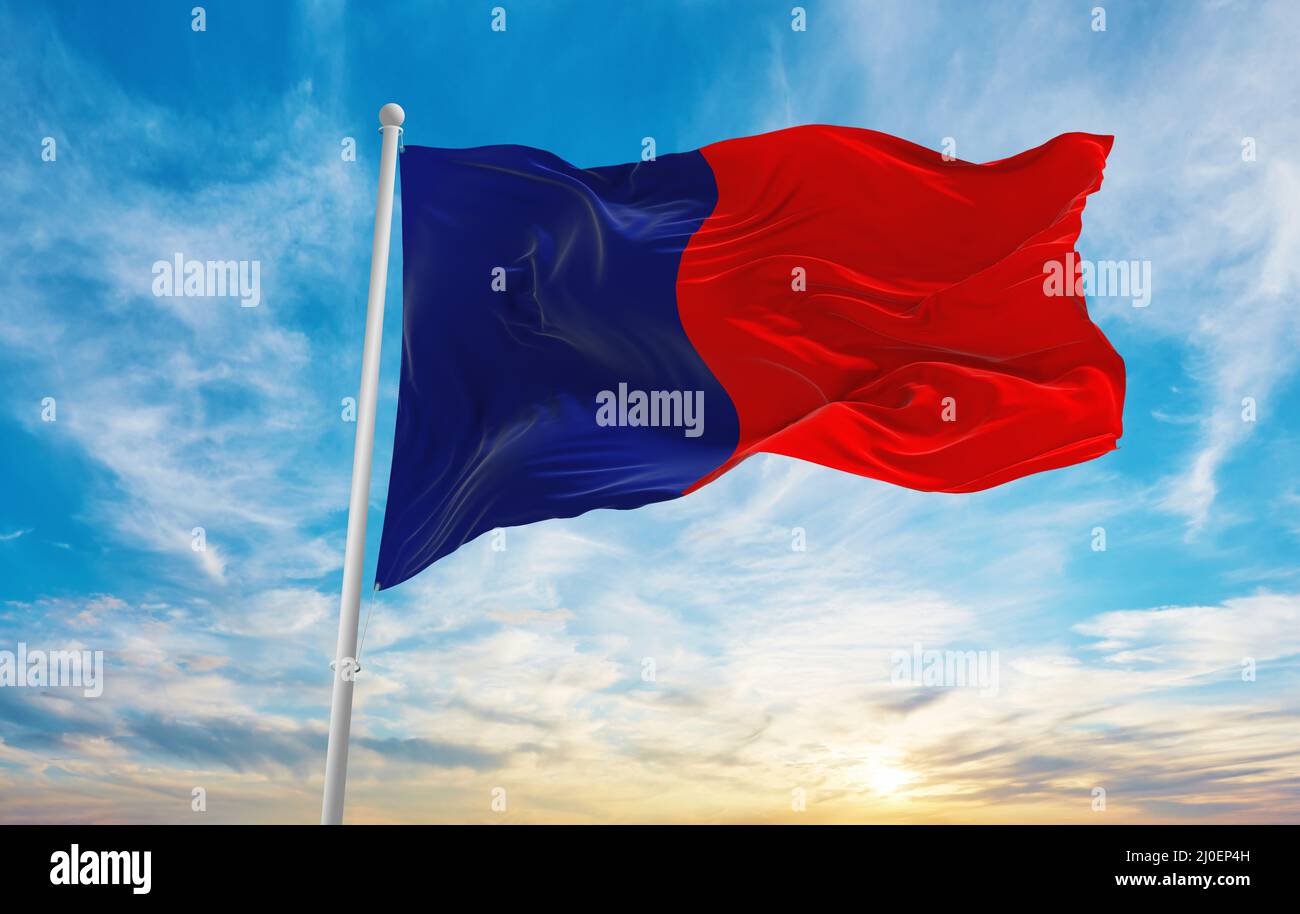 flag of Cagliari, Italy at cloudy sky background on sunset, panoramic ...