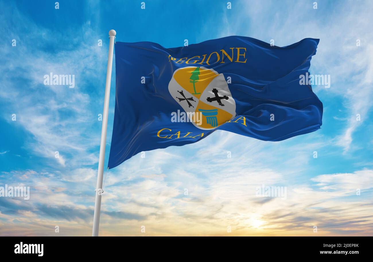 flag of Calabria, Italy at cloudy sky background on sunset, panoramic ...