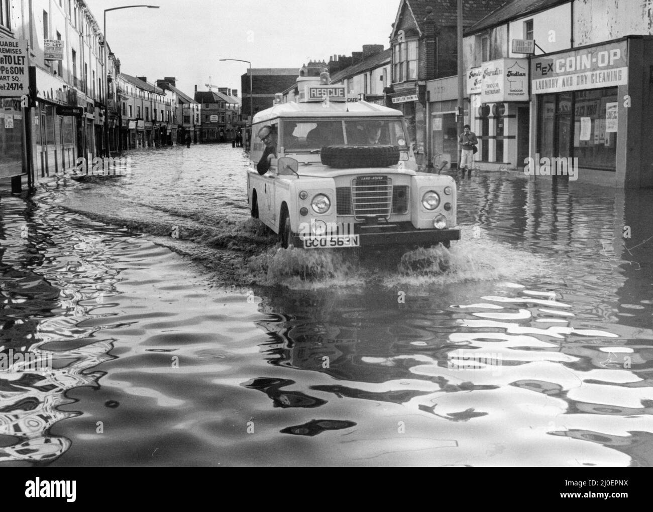 Cardiff Floods 1979, Our picture shows ... Rescue vehicle drives ...