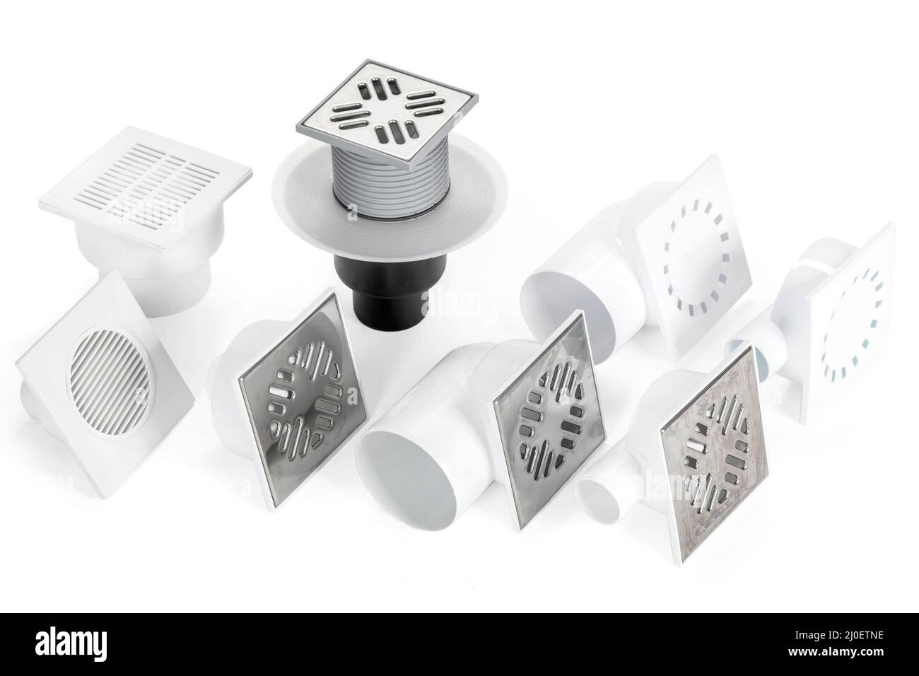 Different types of metal drain holes with a metal plastic base Stock ...