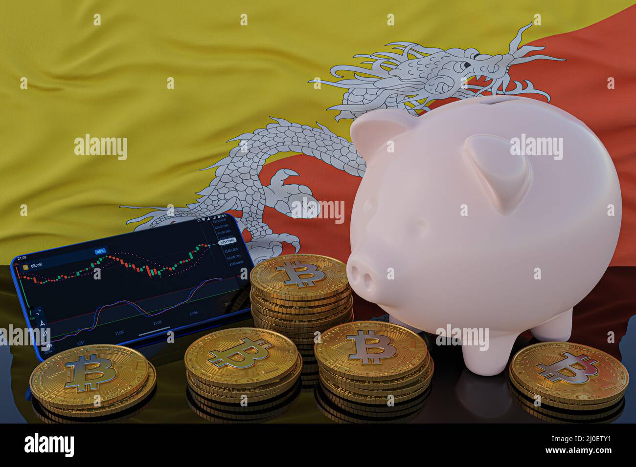 Bitcoin and cryptocurrency investing. Bhutan flag in background. Piggy ...