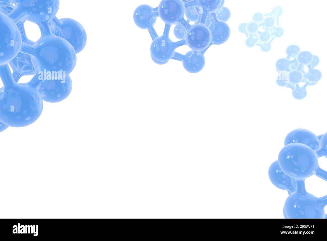 Blue molecules flying in the space solated on white background ...