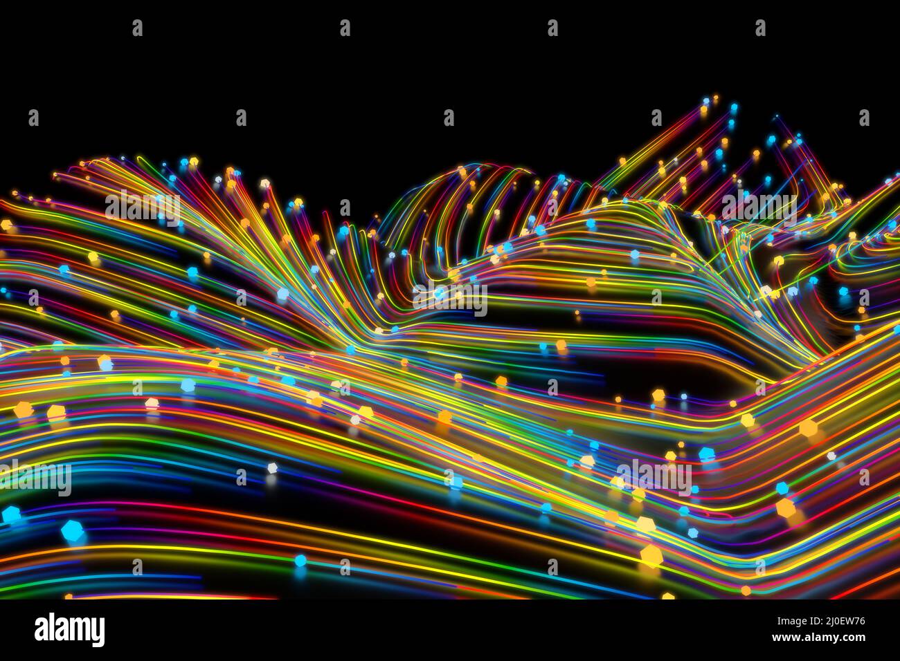Neon glowing twisted cosmic lines on the surface of the planet ...