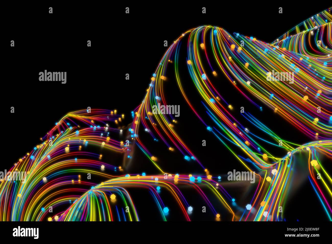 Neon glowing twisted cosmic lines on the glossy surface. Turbulence ...