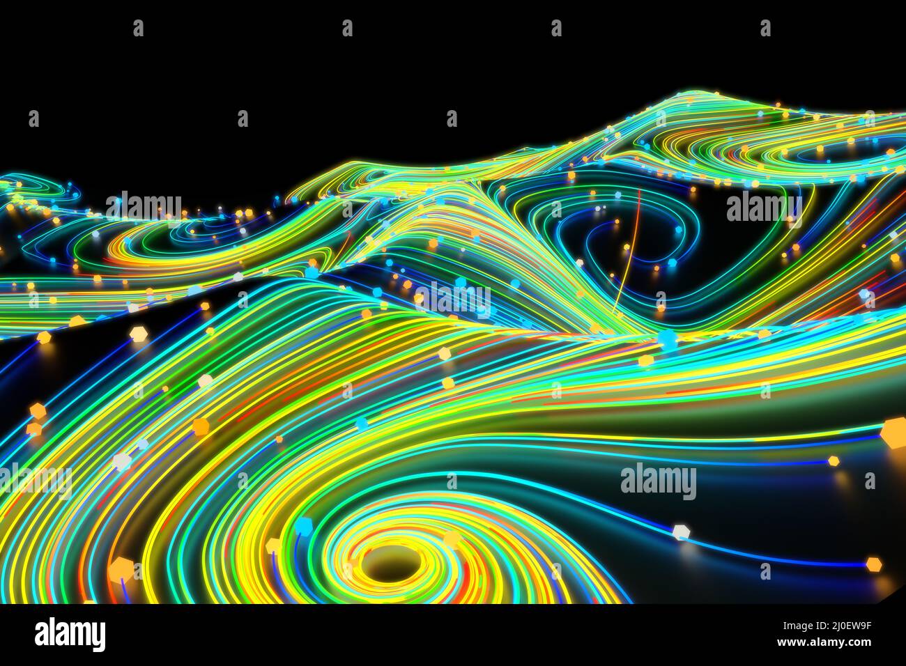 Neon glowing twisted cosmic lines on the glossy surface. Turbulence ...