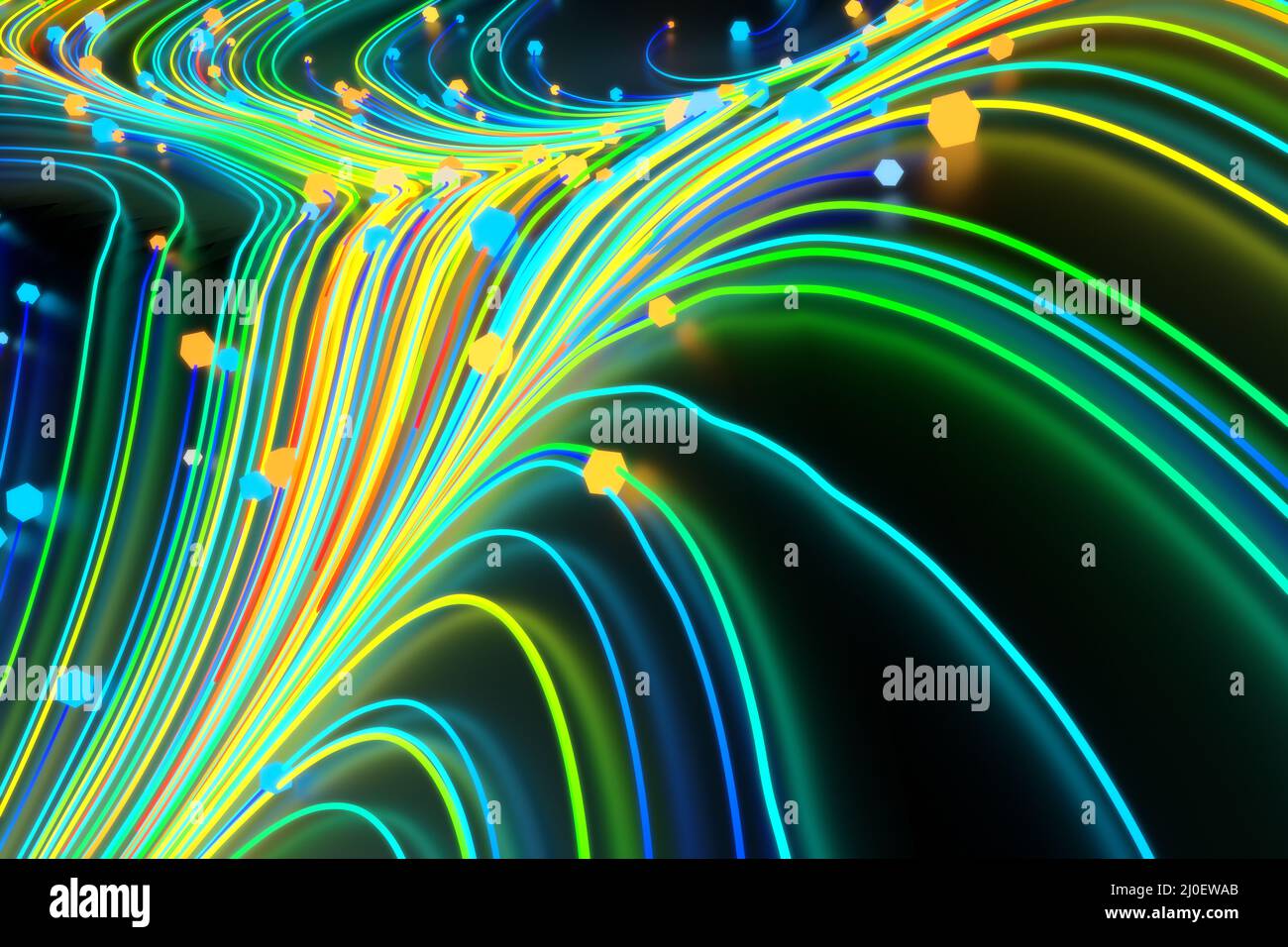 Neon glowing twisted cosmic lines on the glossy surface. Turbulence ...