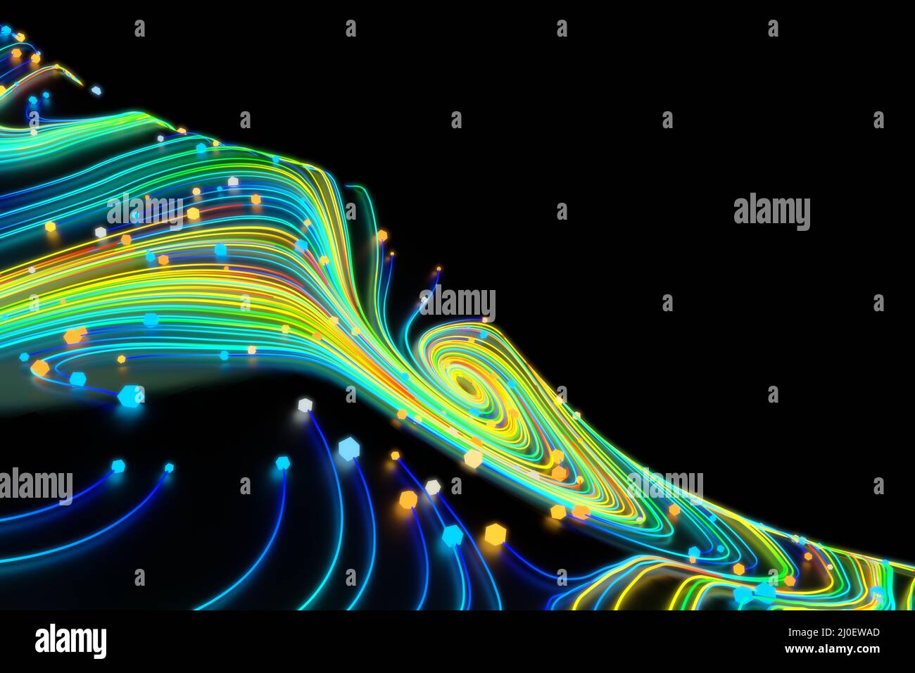 Neon glowing twisted cosmic lines on the glossy surface. Turbulence ...
