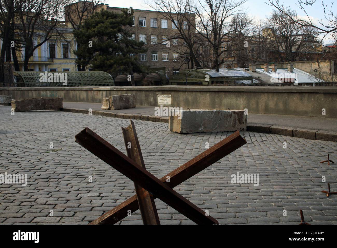 Anti-tank hedgehog and concrete barricades in the historical center of ...