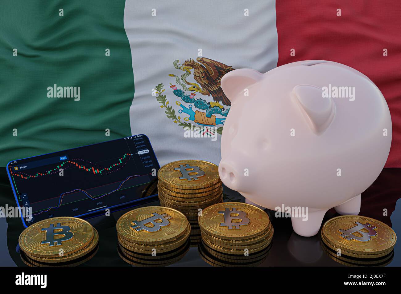 Bitcoin and cryptocurrency investing. Mexico flag in background. Piggy ...