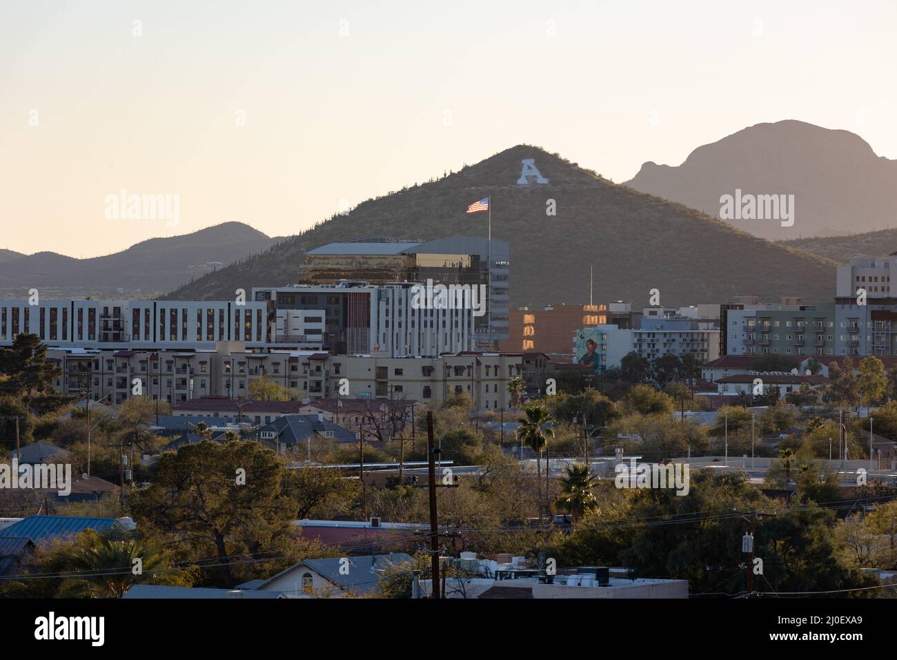 Downtown Tucson at sunset with american flag Stock Photo - Alamy