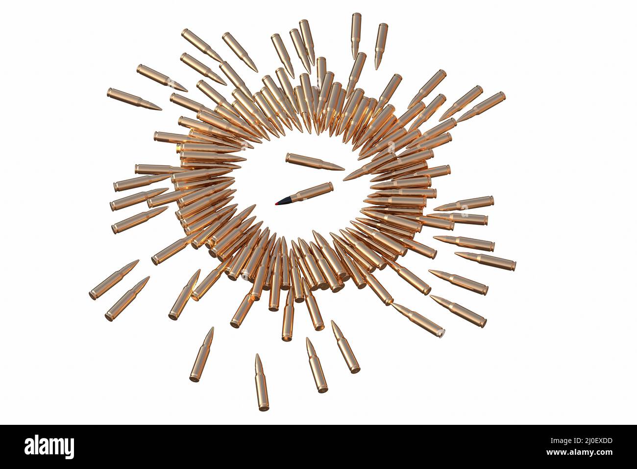 Golden bullets AK-47 cartridges laying on the white background in shape ...