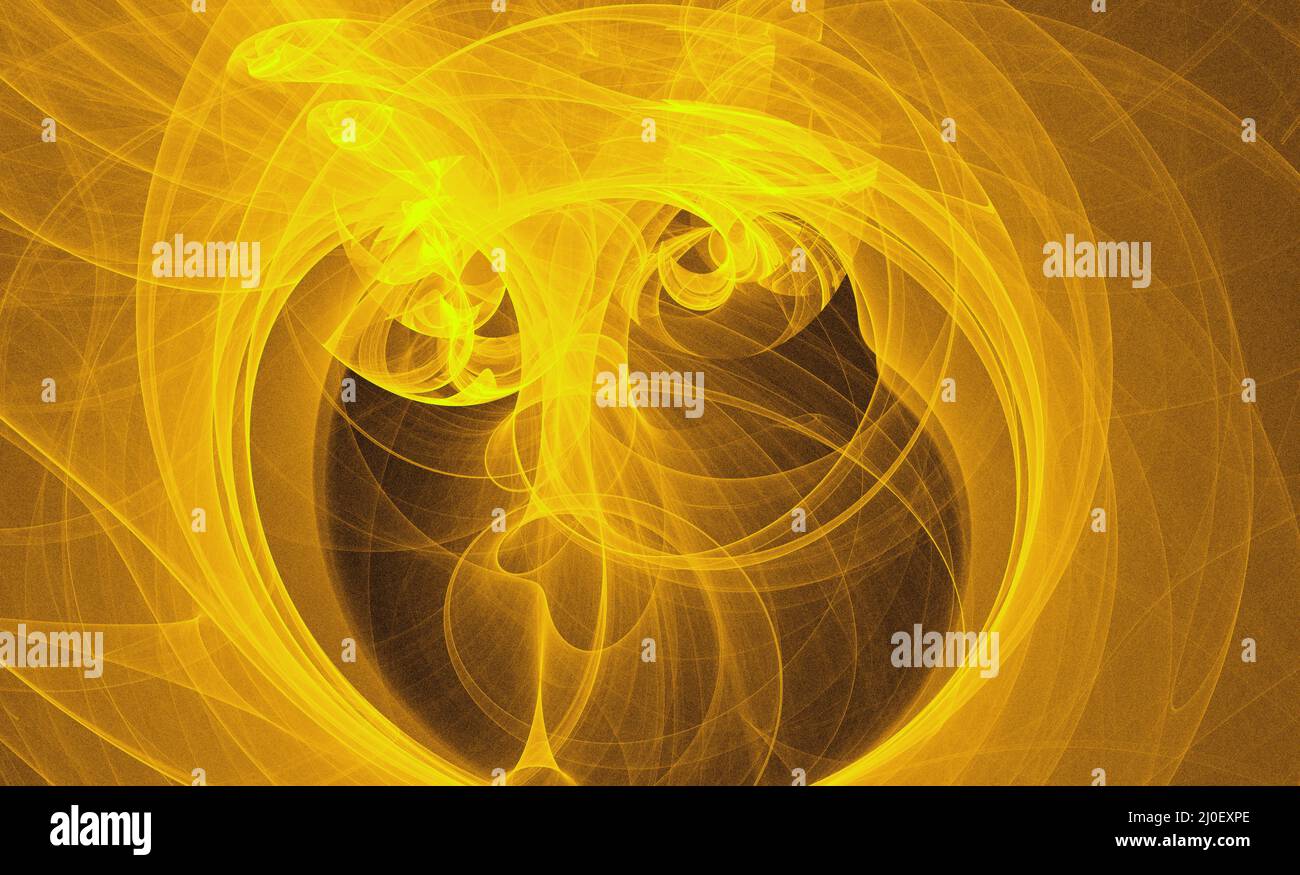 Neon glowing yellow twisted cosmic lines flying in the space ...