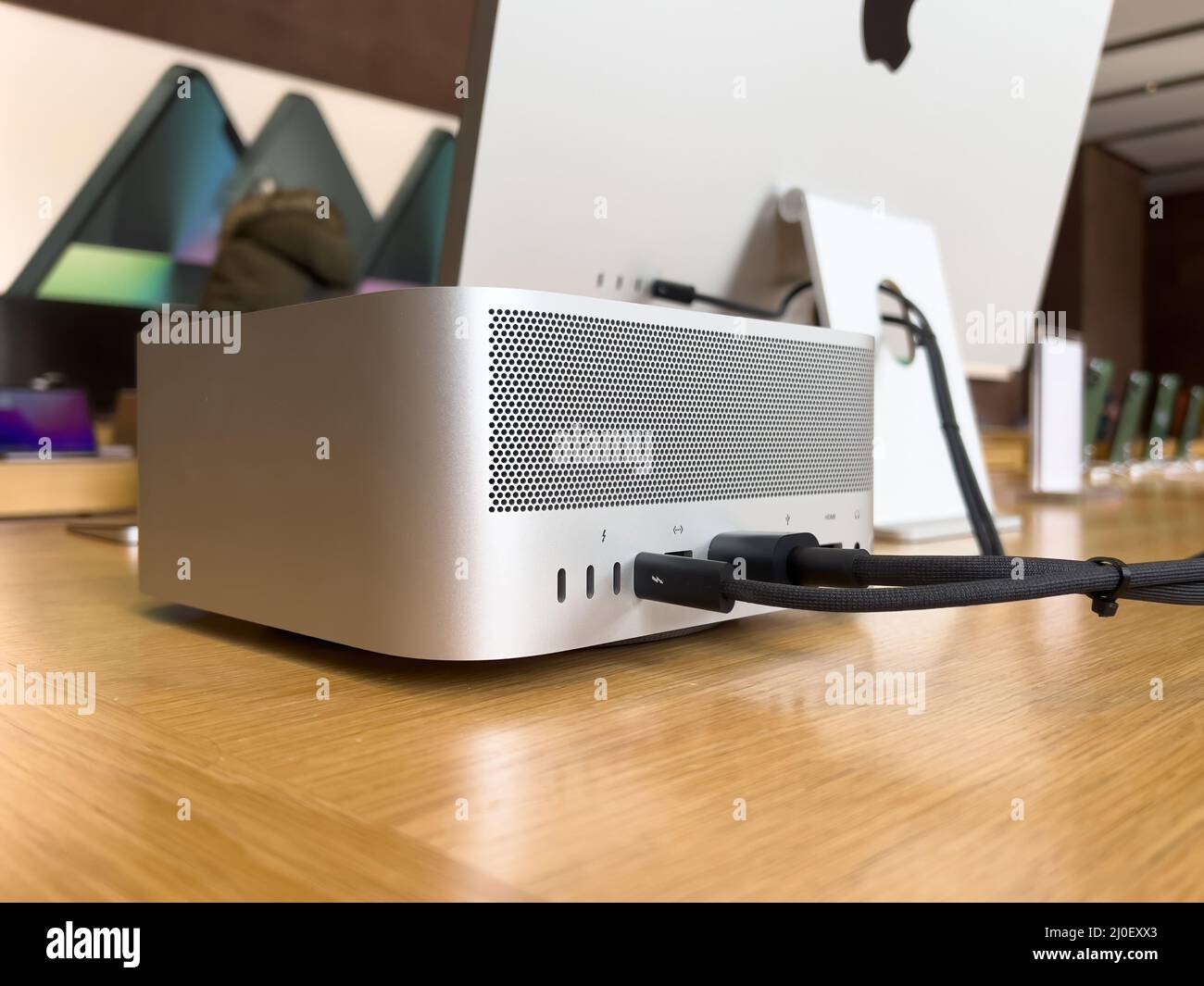 Paris, France - Mar 18, 2022: Close-up rear view of new Apple Computers ...