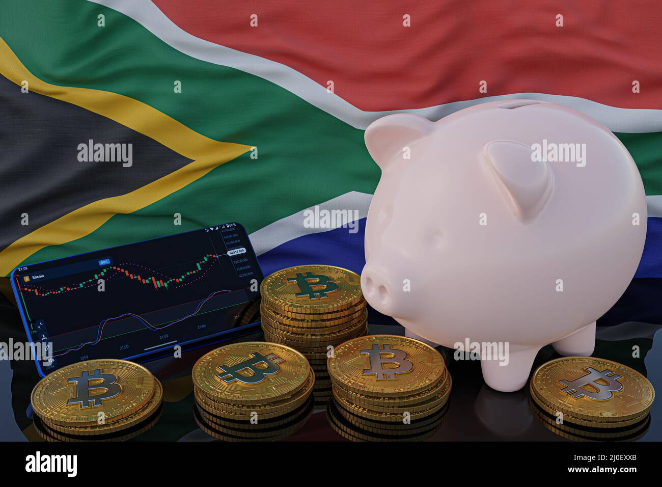 Bitcoin and cryptocurrency investing. South Africa flag in background. Piggy bank, the of saving ...