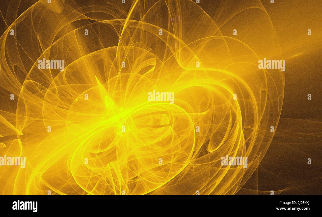 Neon glowing yellow twisted cosmic lines flying in the space ...