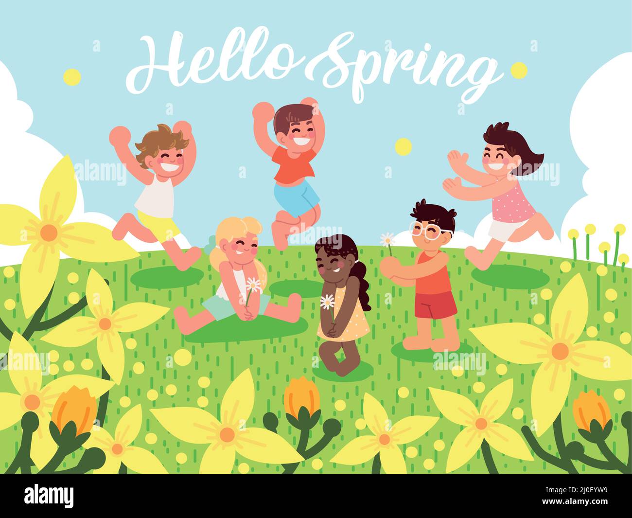 hello spring happy kids Stock Vector Image & Art - Alamy