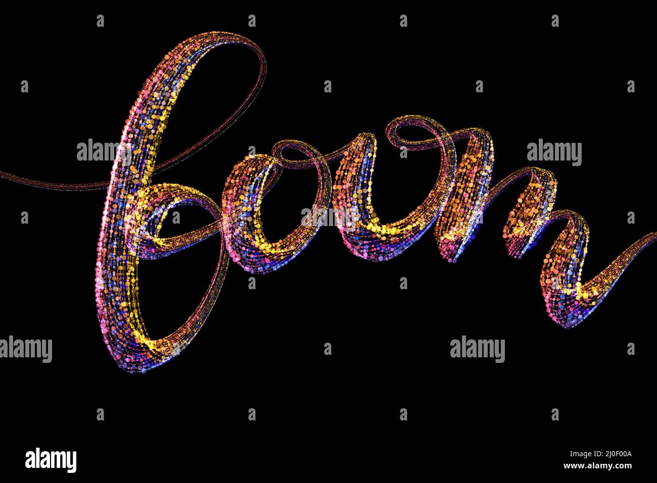 Boom word lettering made by colorful particles isolated on black ...