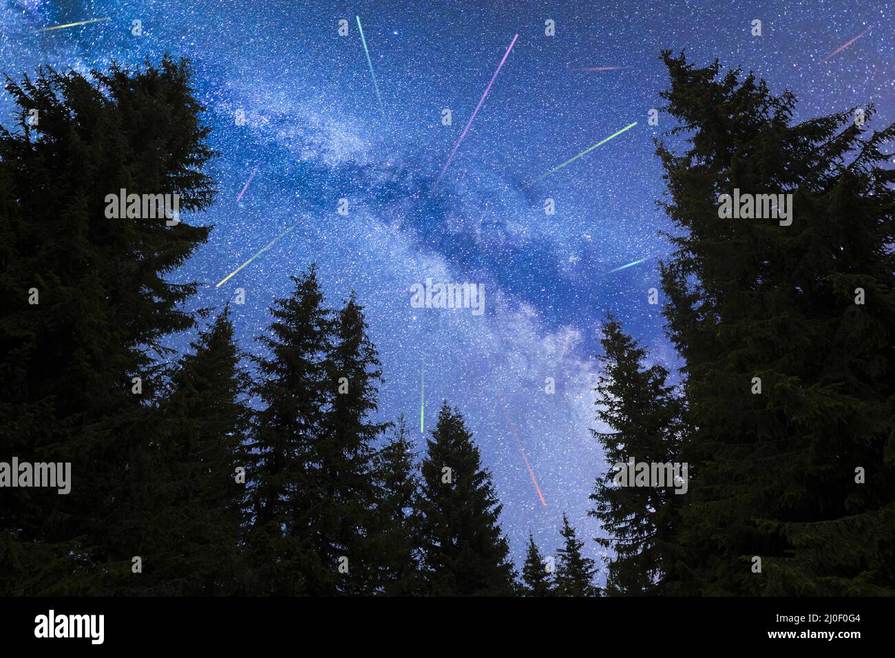 Blue Milky way falling stars pine trees silhouette Stock Photo - Alamy