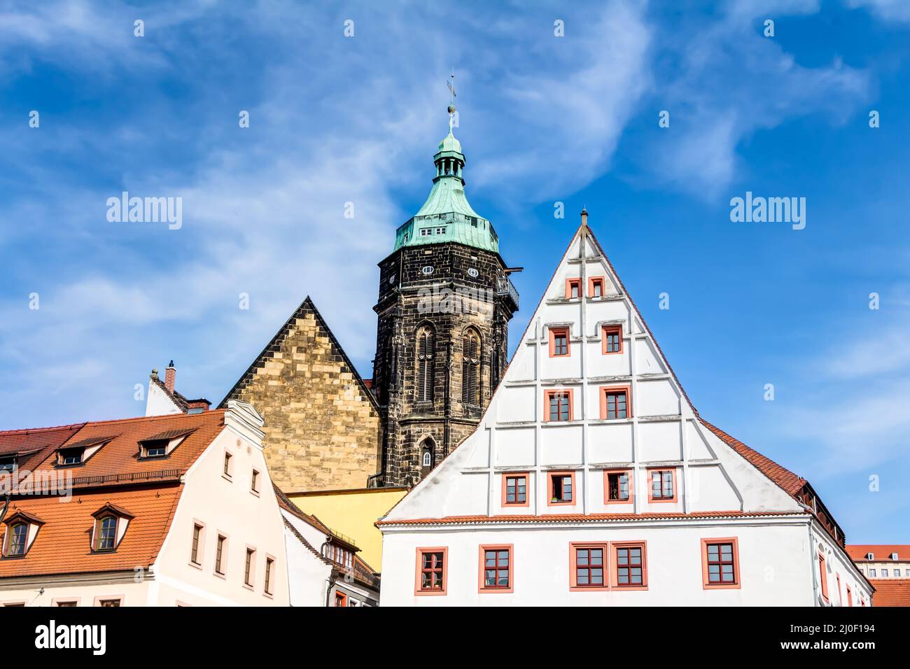 The old town of Pirna with the town church of St. Marien in Saxony ...