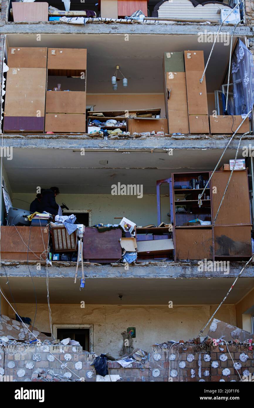 A view of a residential building destroyed by a Russian shelling attack ...