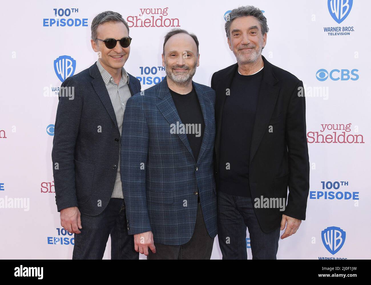(L-R) Steve Holland, Steven Molaro and Chuck Lorre at the Premiere Of Warner Bros. 100th Episode ...