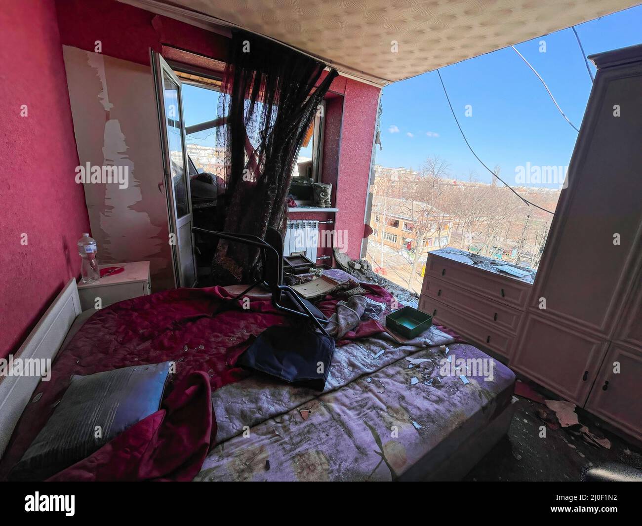 Interior view of an apartment on a residential building destroyed by a ...