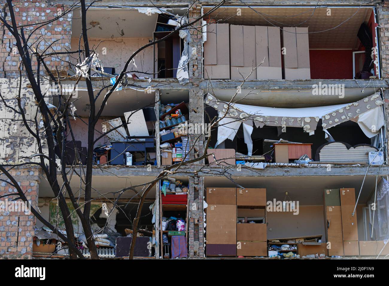 A view of a residential building destroyed by a Russian shelling attack ...
