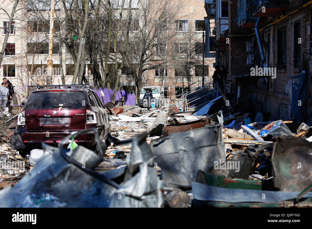 A view of a residential building destroyed by a Russian shelling attack ...