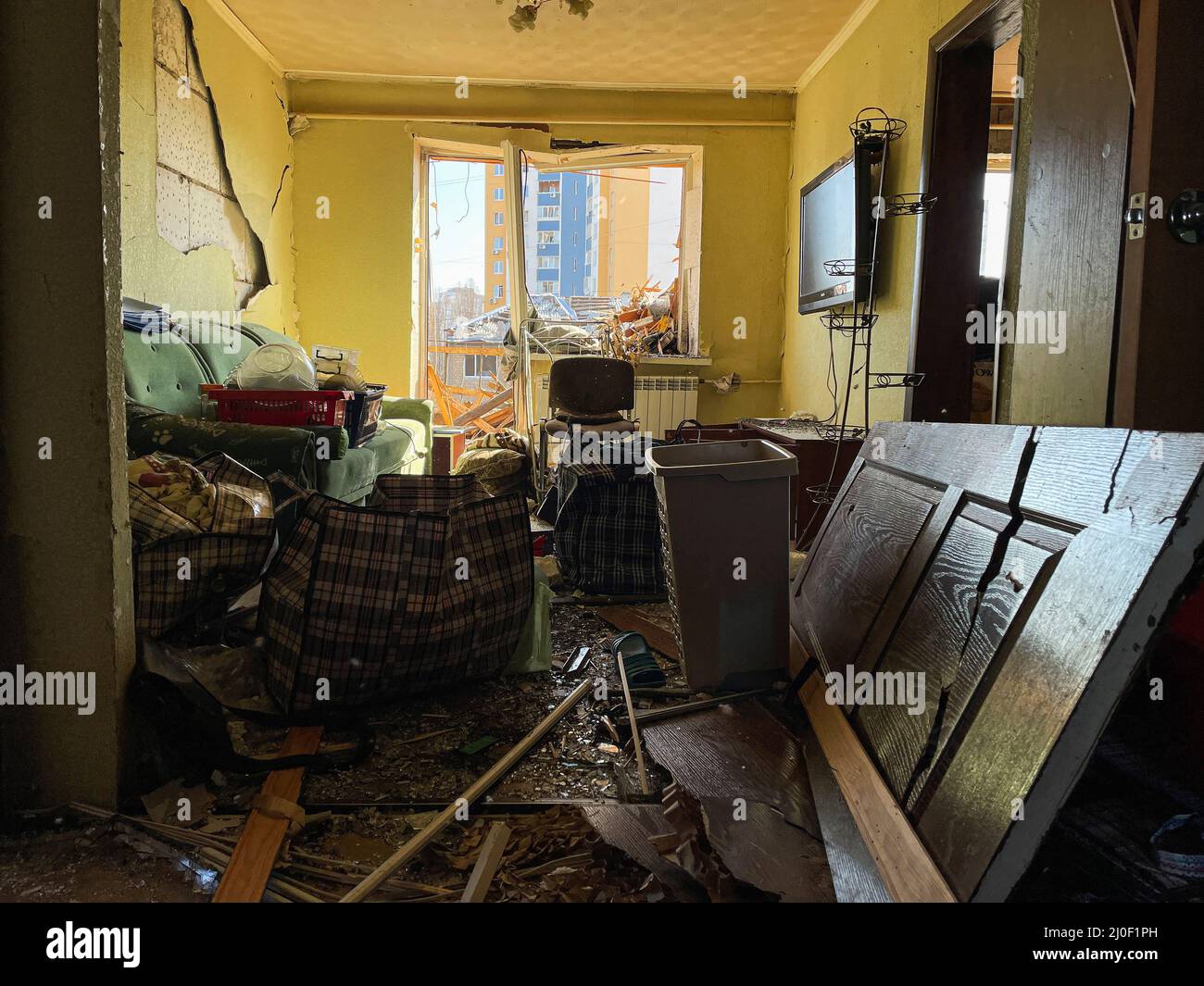 Interior view of an apartment on a residential building destroyed by a ...