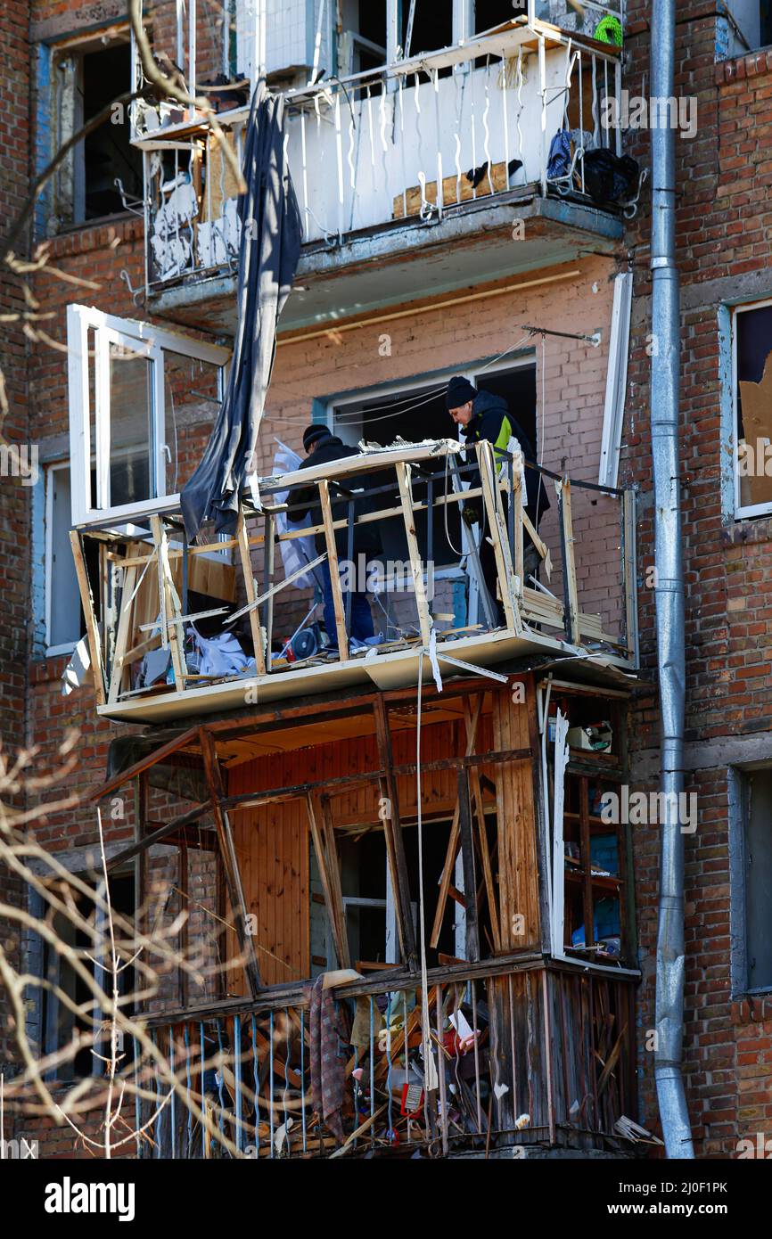 A view of a residential building destroyed by a Russian shelling attack ...