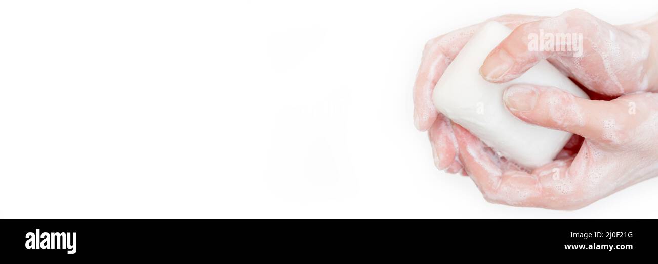 Antibacterial soap in the hands. Hand disinfection with soap ...