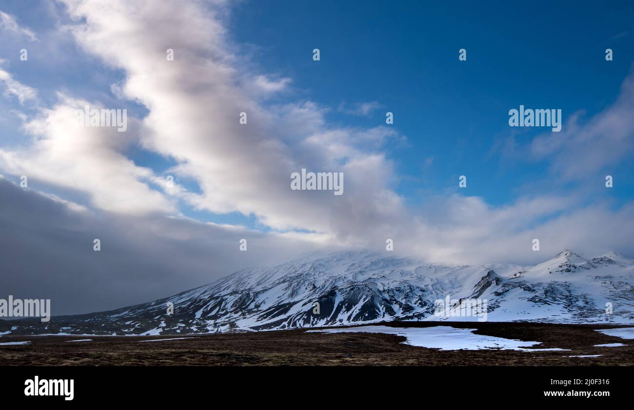 Icelandic landscape with mountains covered in snow at snaefellsnes ...