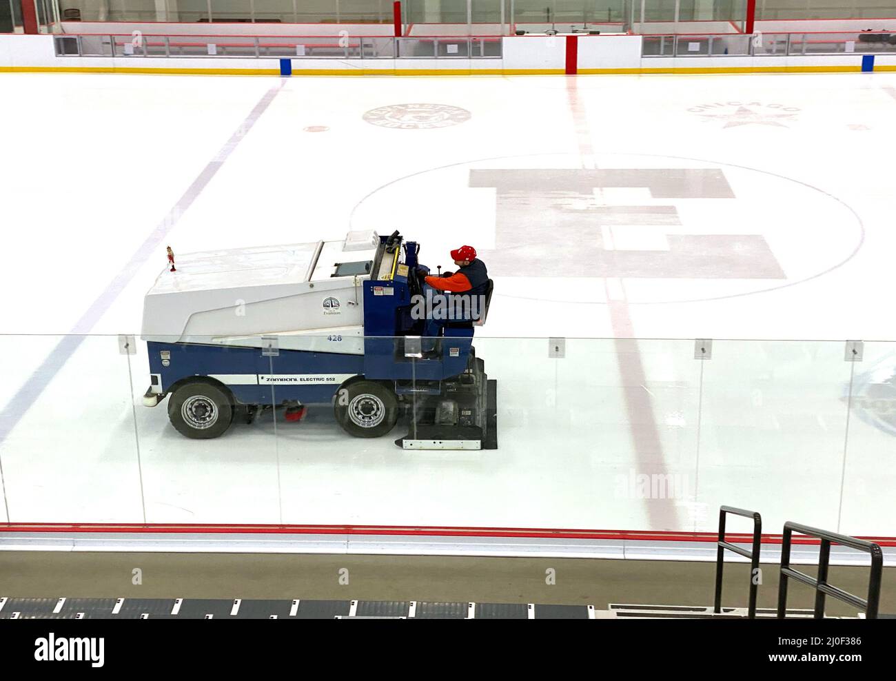 Evanston, Illinois, USA. 18th Mar, 2022. JOHN RUCCI resurfaces the ice ...
