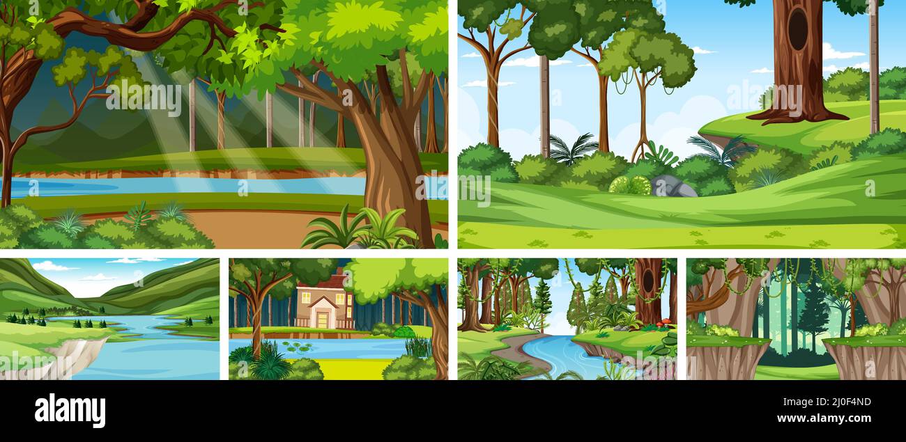 Nature scene with many trees and river illustration Stock Vector Image ...