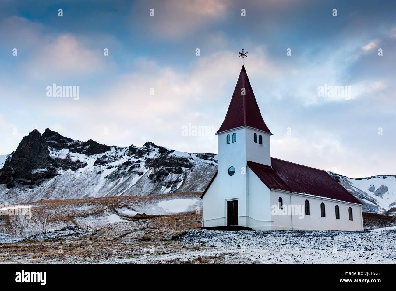 The Vik I Myrdal church at the top of the hill offering picturesque ...